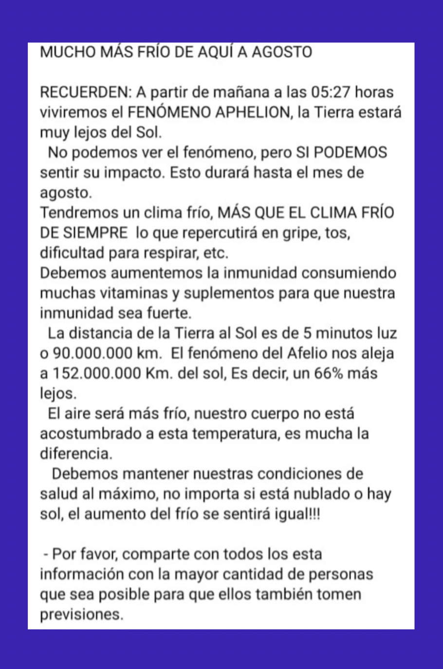 "El fenómeno del Aphelion provoca un clima más frío": #Falso