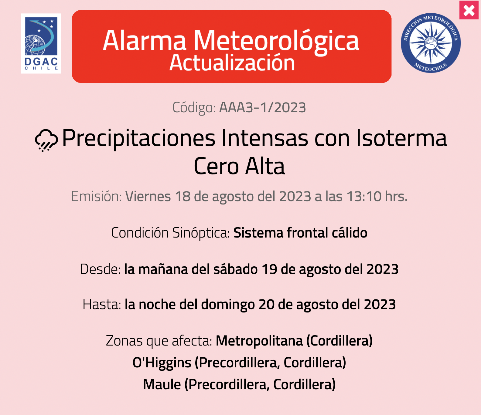 Regiones Metropolitana, O'Higgins y Maule pasan de "alerta" a "alarma" por precipitaciones ...
